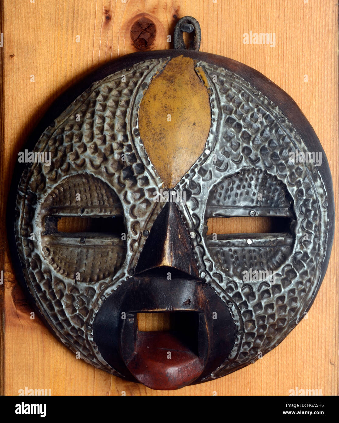 Wood and metal african mask : human face, open eyes, open mouth Stock ...