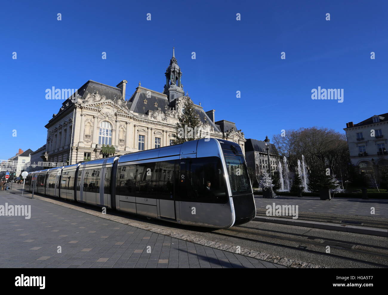 Tram passing Tours city hall France December 2016 Stock Photo - Alamy