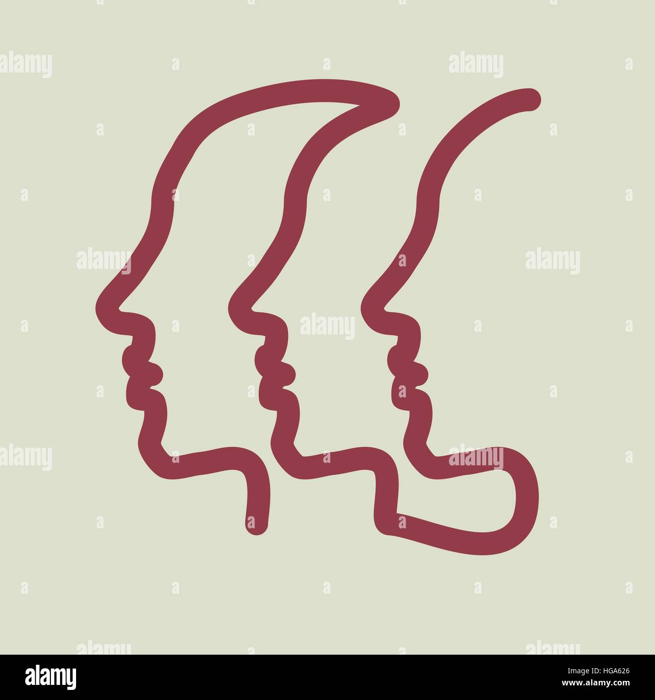 Three human profile, drawn by single line. Symbol of the unity ...