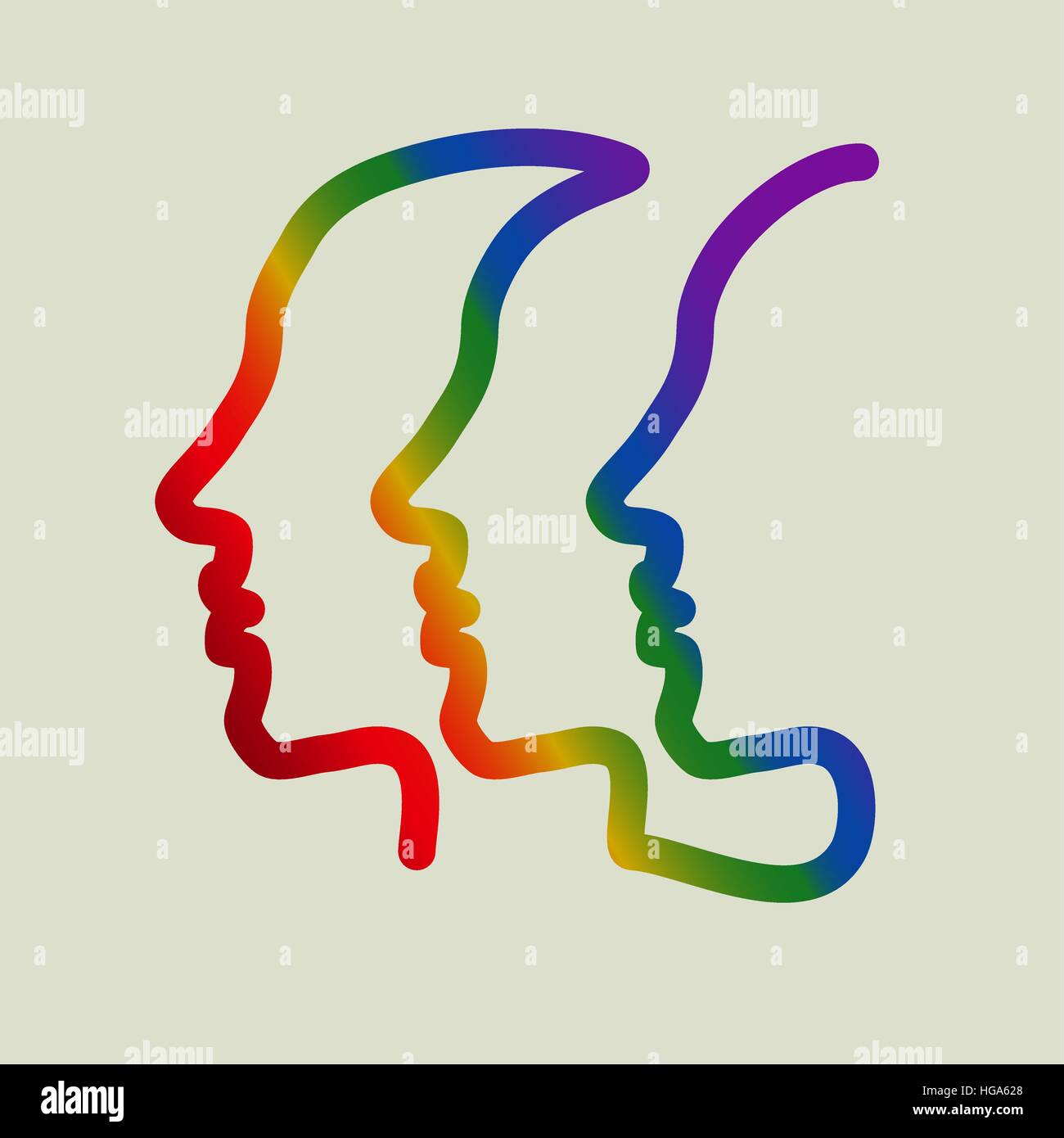 Three human profile, drawn by a multicolored single line. Symbol of the ...