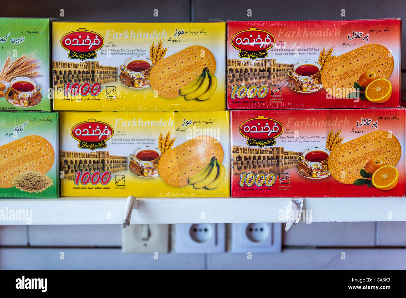 Boxes of cookies on shop shelf in Iran Stock Photo - Alamy