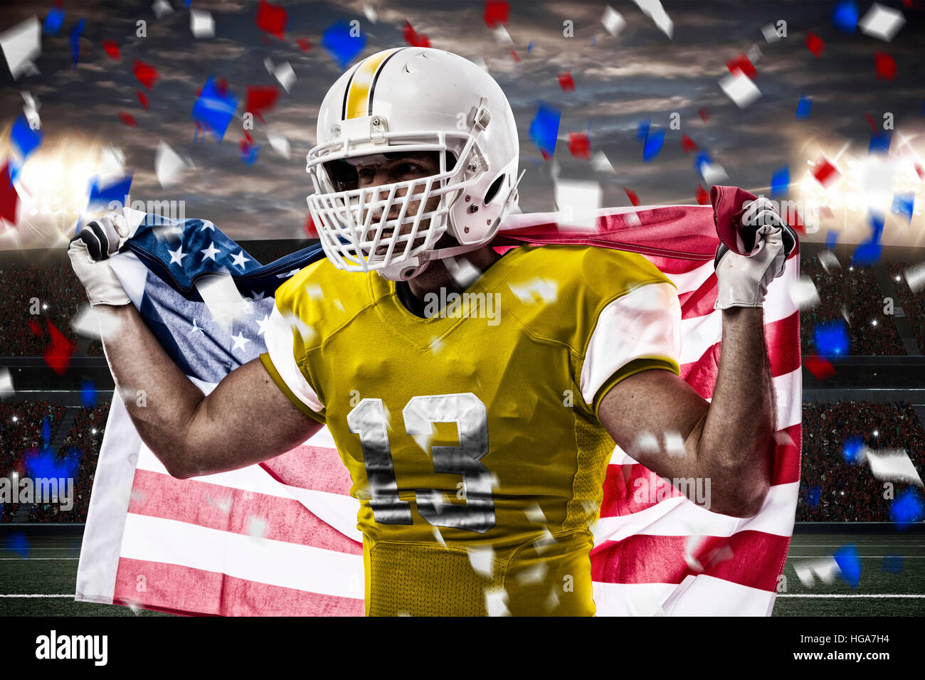 Football Player with a yellow uniform celebrating, on a stadium Stock ...