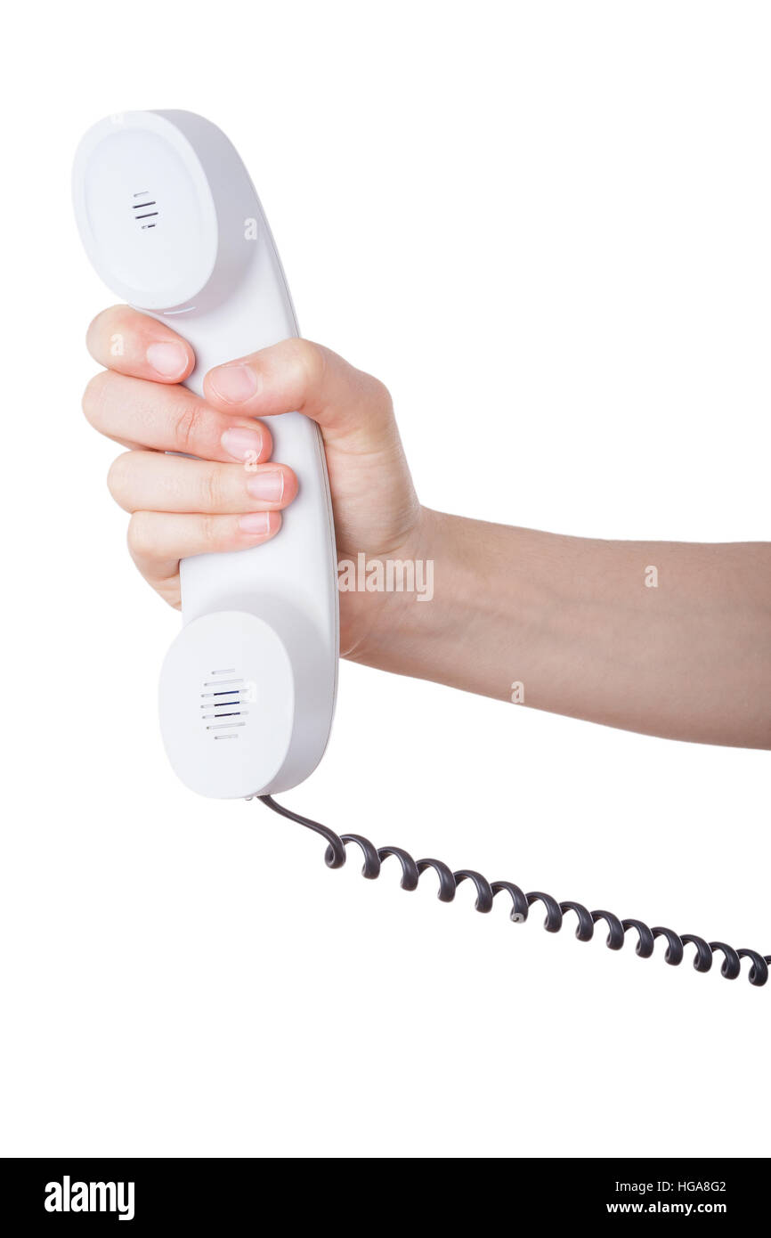 Hand holding a telephone isolated over a white background Stock Photo ...