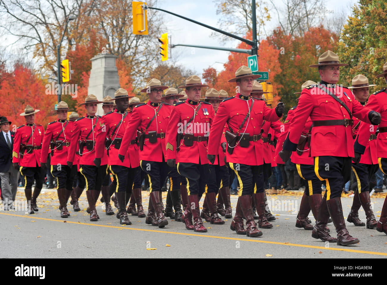 Canadian Mounties marching after a remembrance ceremony in London ...