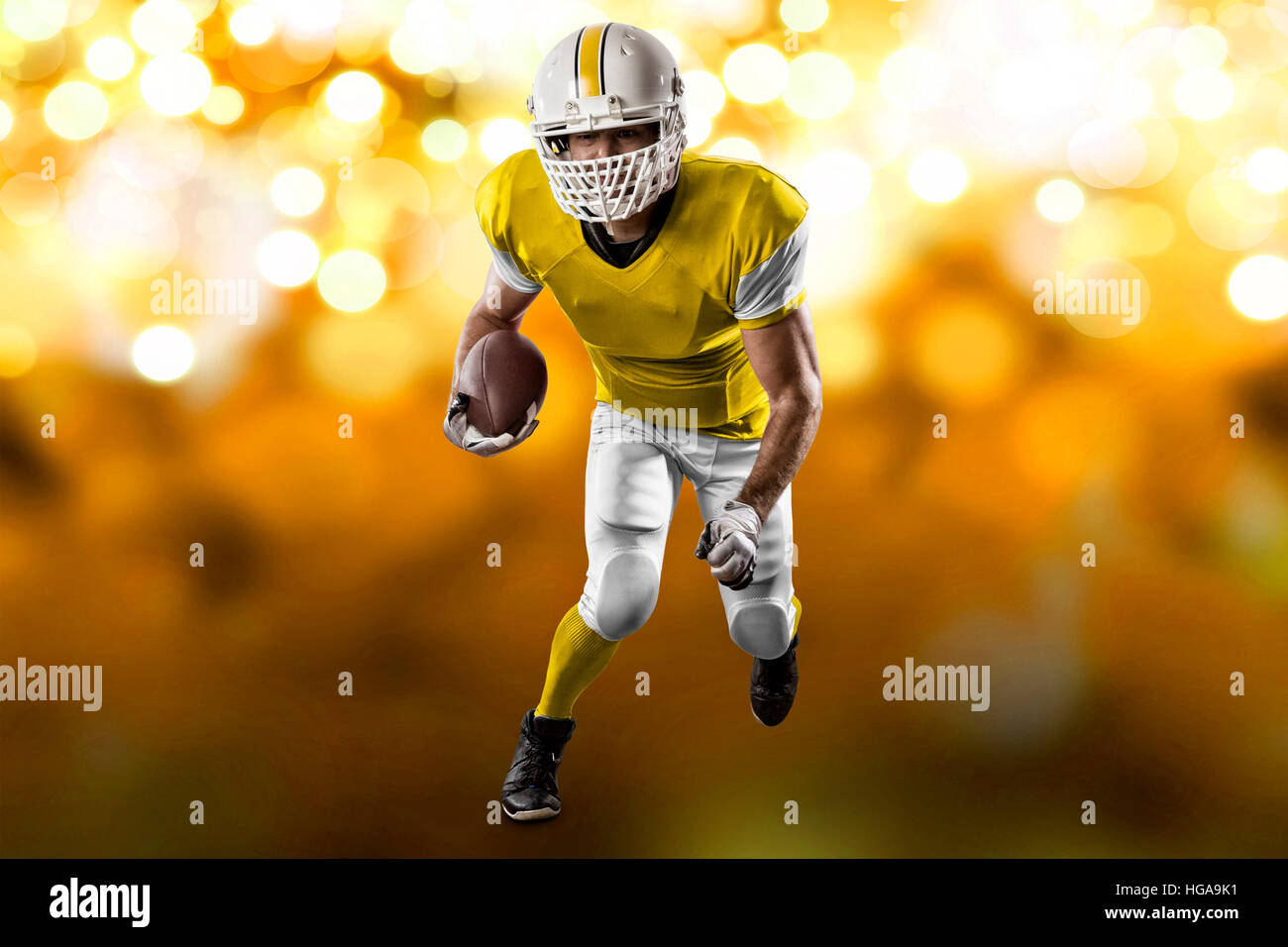 Football Player with a yellow uniform Running on a yellow lights ...