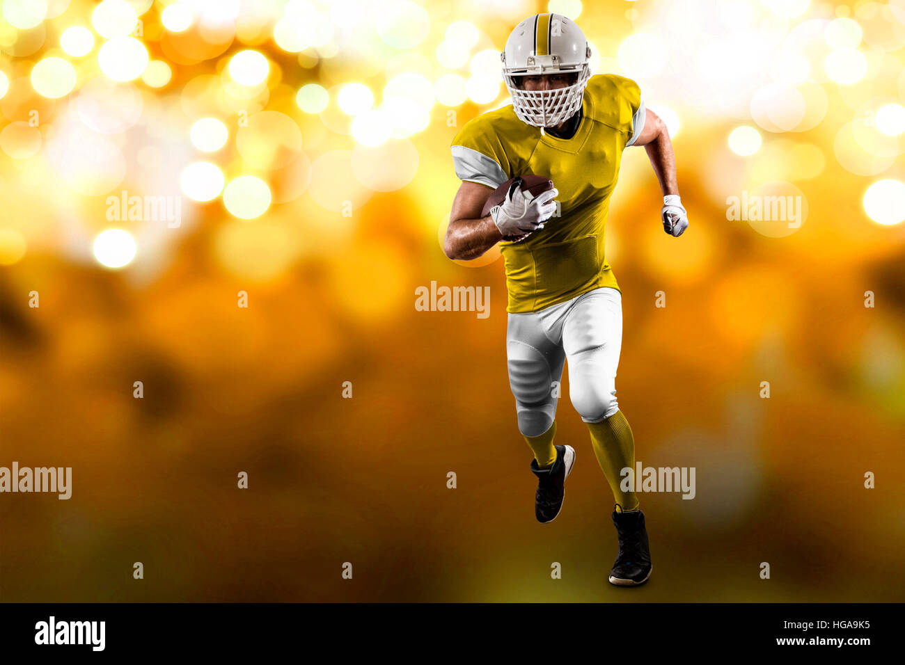Football Player with a yellow uniform Running on a yellow lights ...