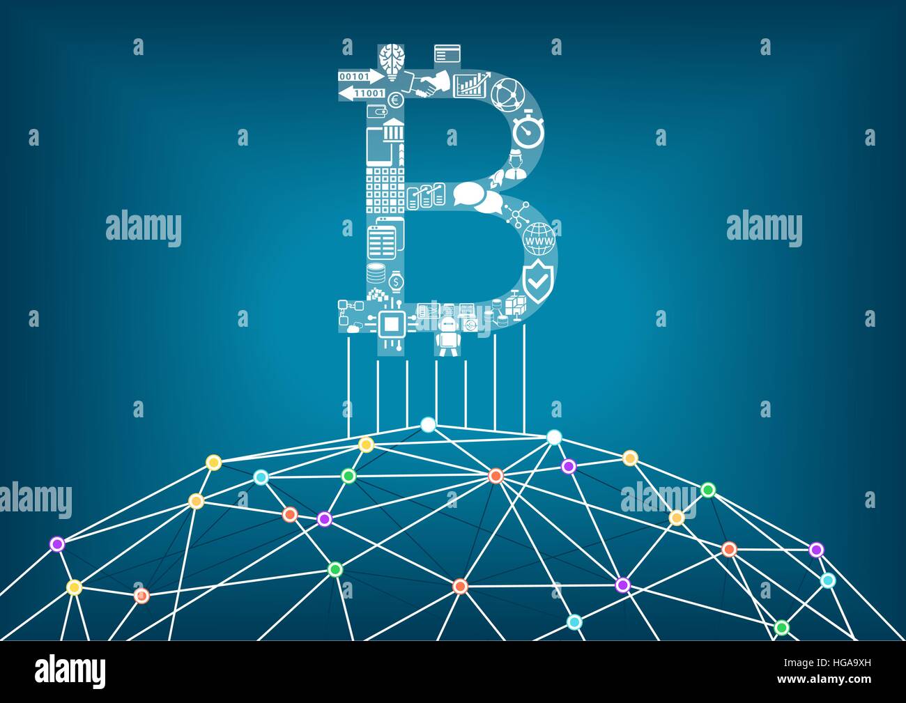 Bitcoin vector illustration background with connected internet as an ...