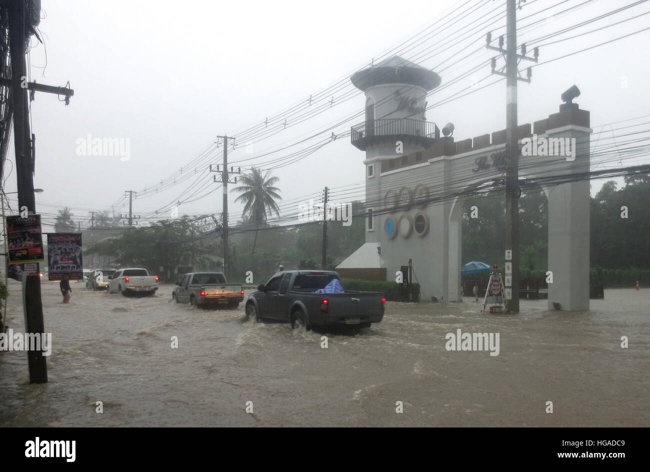 A flooded street in Ko Samui in Thailand, 05 January 2017. Unusually ...