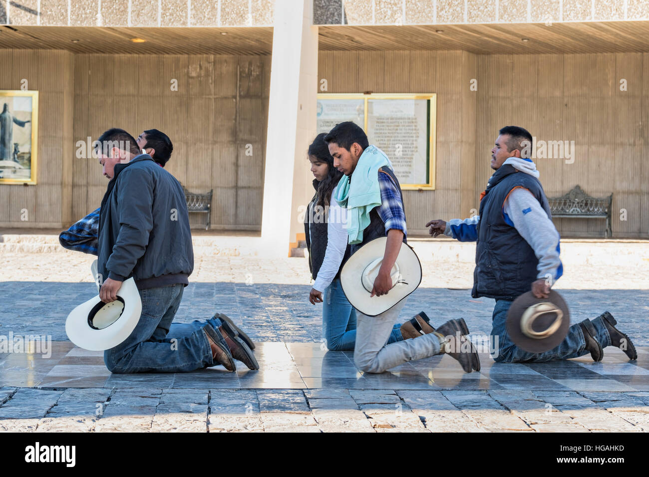 Silao, Mexico. 06th Jan, 2017. Mexican cowboys crawl on their knees in ...