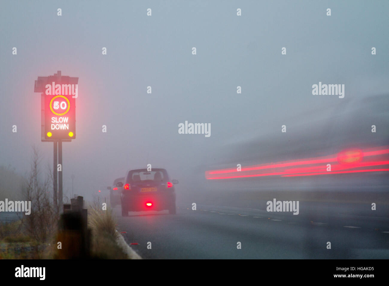 50mph illuminated road sign in Heavy Fog, Southport, Merseyside, UK ...