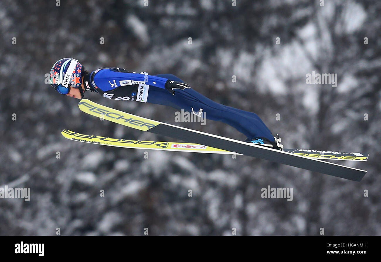 Oberstdorf, Germany. 7th Jan, 2017. Ito Yuki of Japan soars through the ...