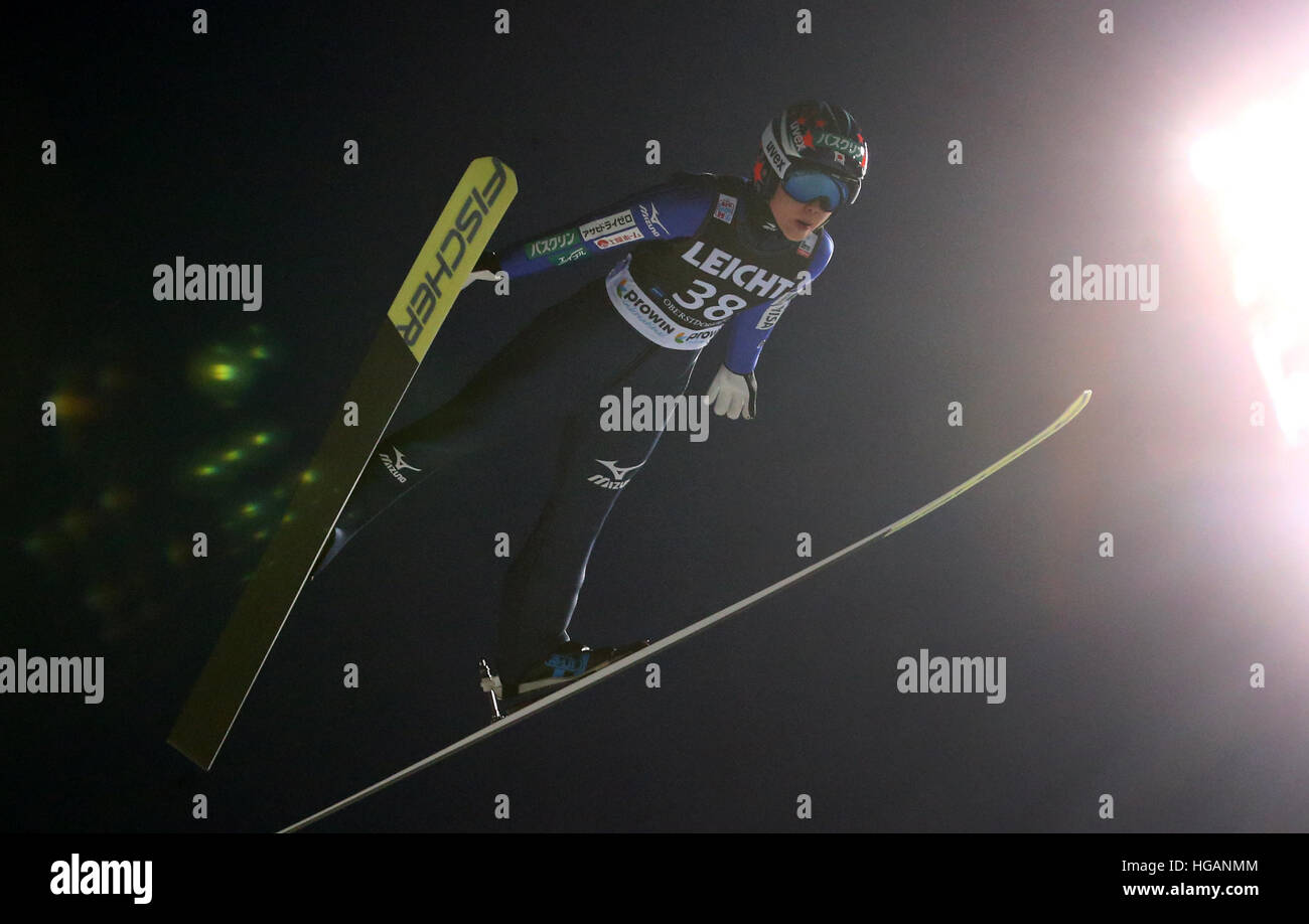 Oberstdorf, Germany. 7th Jan, 2017. Ito Yuki of Japan soars through the ...