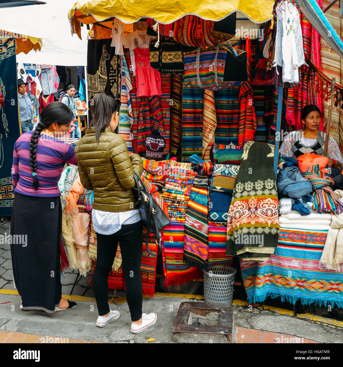 Traditional street market in Otovalo, Ecuador, full of textiles, fruit ...