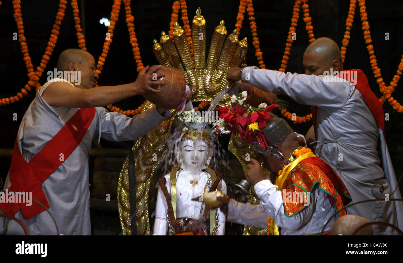 Kathmandu, Nepal. 06th Jan, 2017. Priest bath the idol of Seto ...