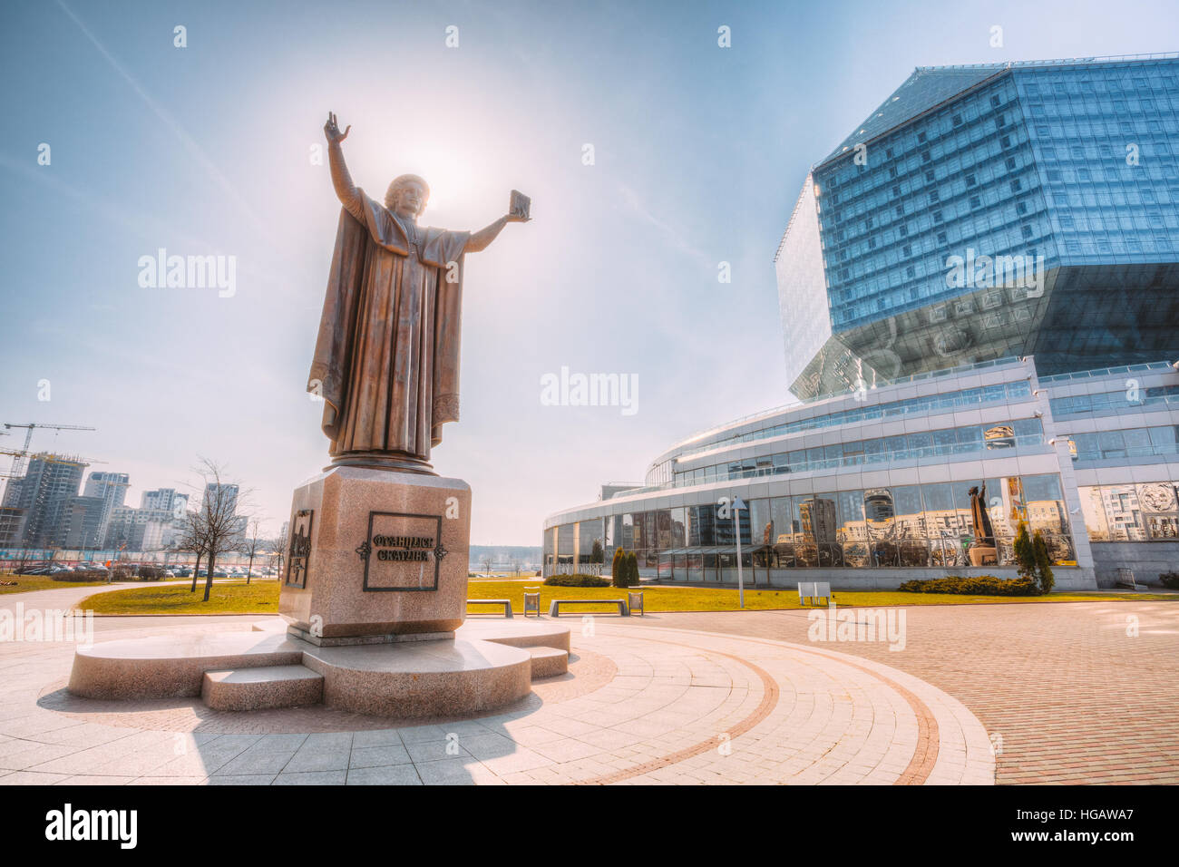 Minsk, Belarus. Francysk Skaryna Statue Near Building Of National ...