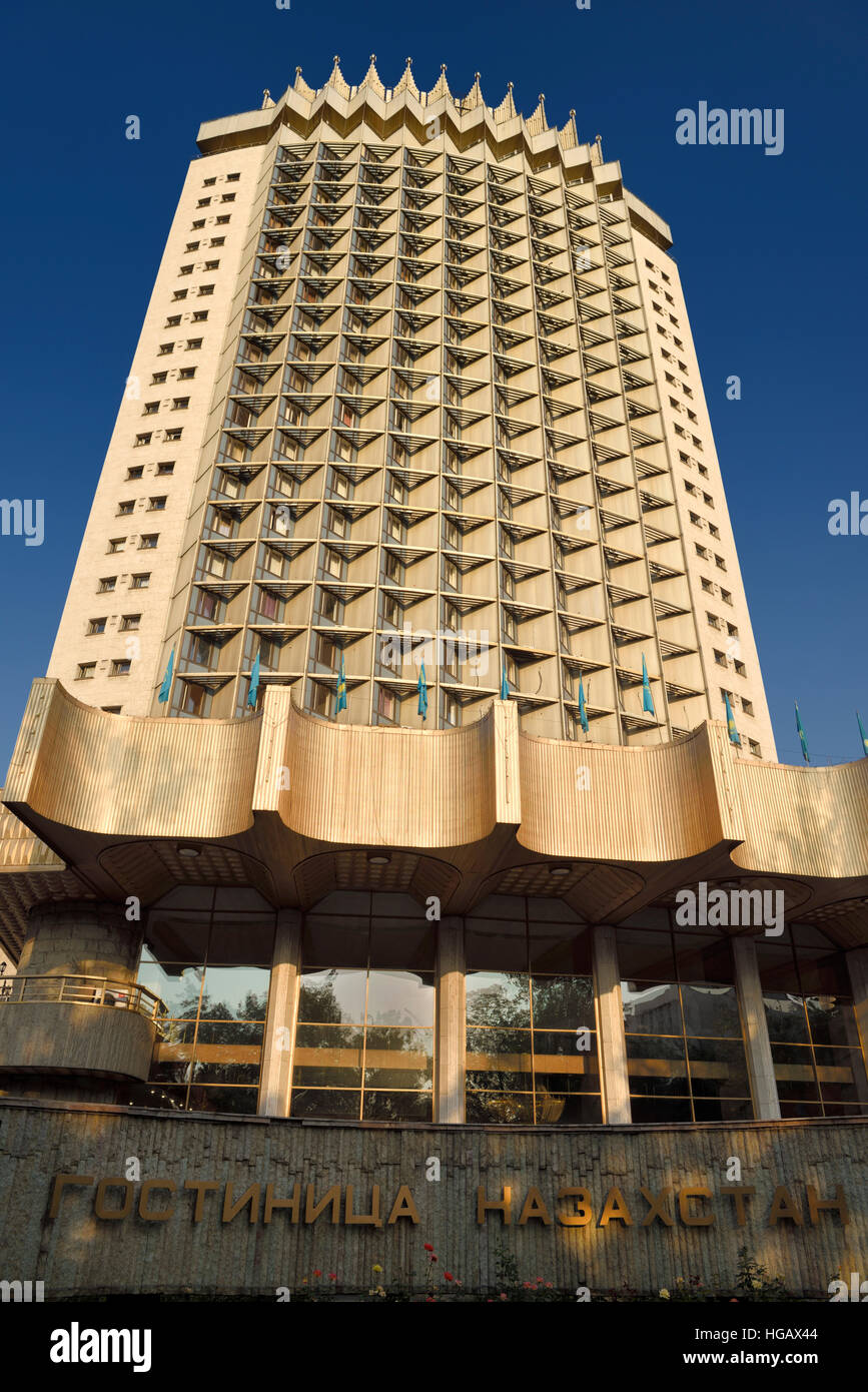 Golden Hotel Kazakhstan on 5000 tenge banknote in Almaty with blue sky ...