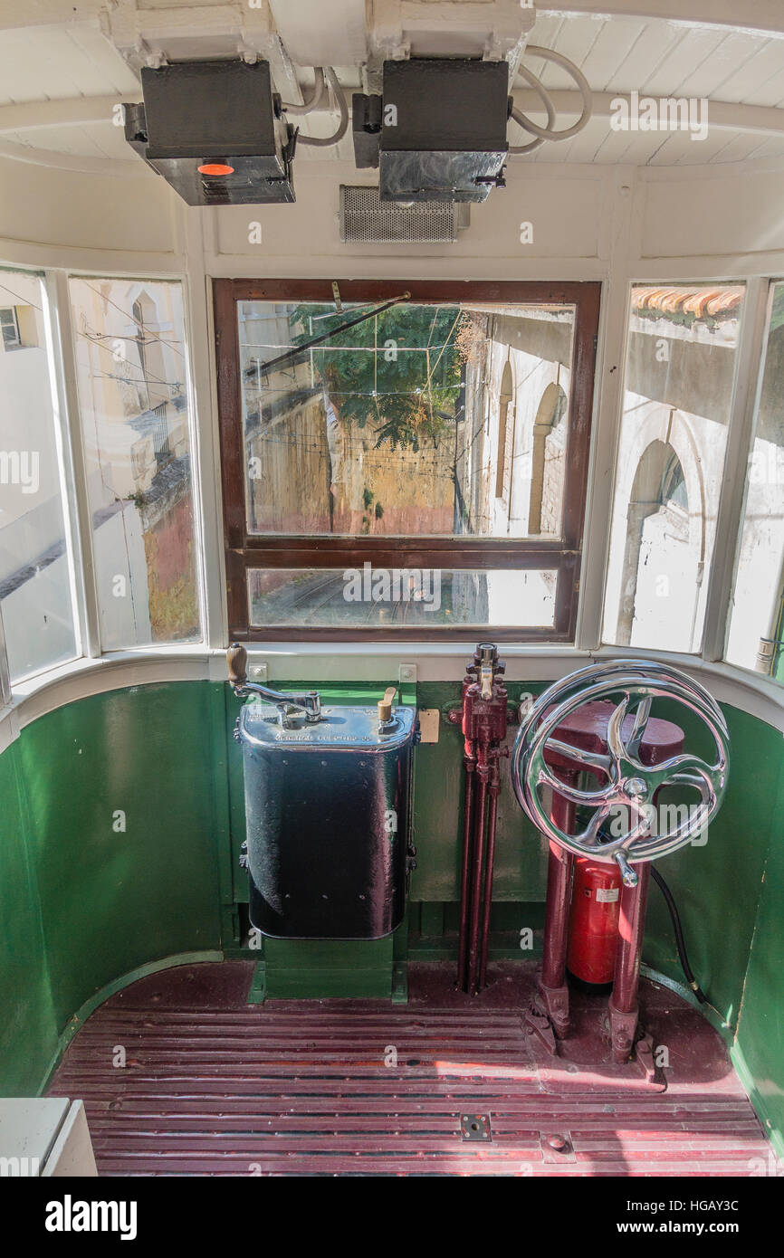 The inside cabin and the steering wheel of the funicular Ascensor do ...