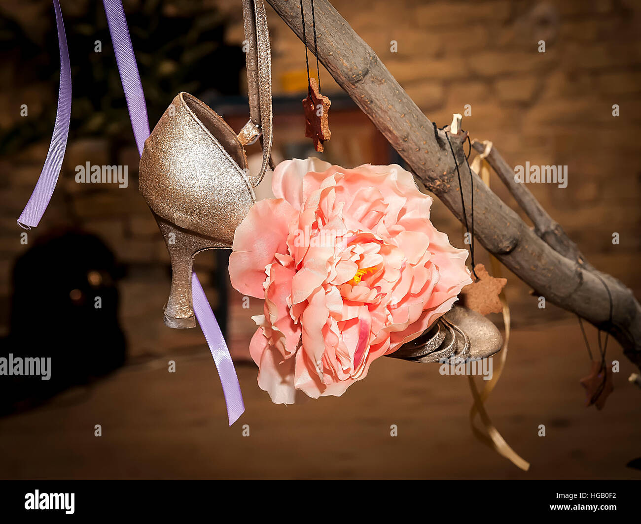shoe and flower and ribbons on tree Stock Photo - Alamy