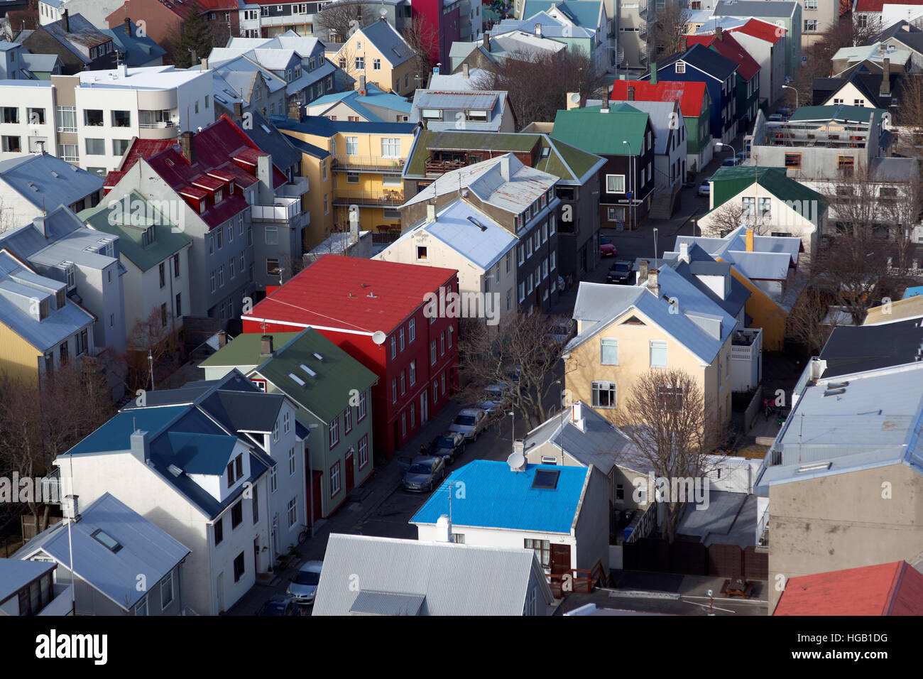 Colorful neighborhood houses in downtown Reykjavik viewed from ...