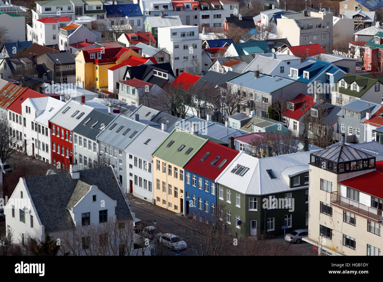 Colorful neighborhood houses in downtown Reykjavik viewed from ...
