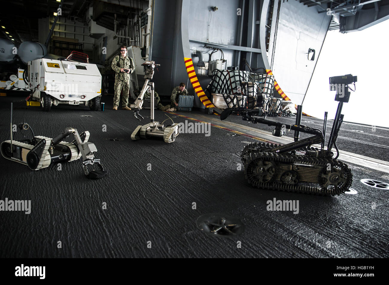 Bomb disposal robot training in the hangar bay of USS George Washington ...