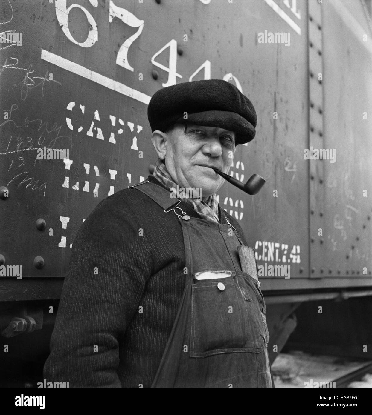 Railroad worker at a Chicago and Northwestern Railroad yard in Illinois ...