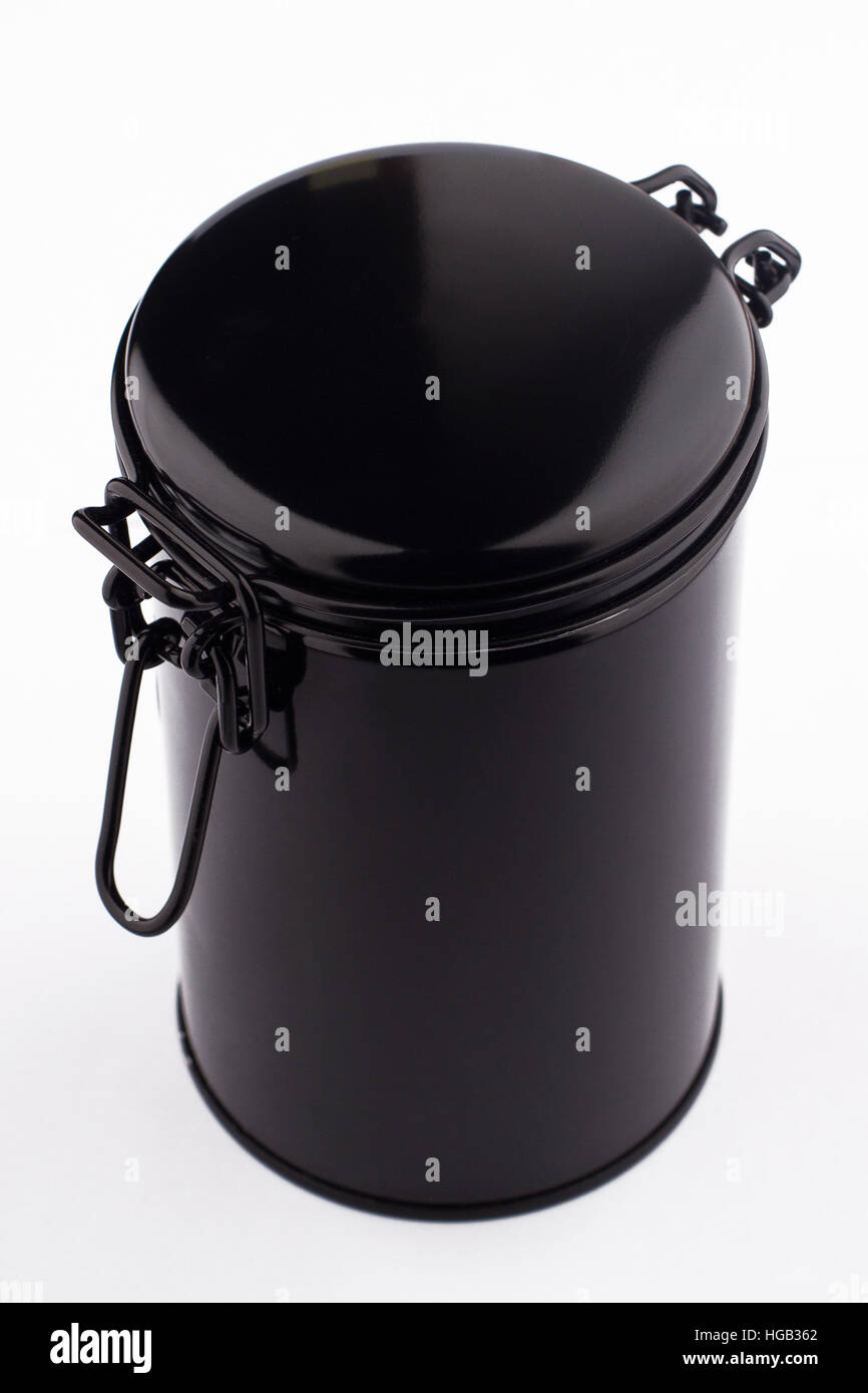 top view of black metal thin can container cylinder form for tea or ...