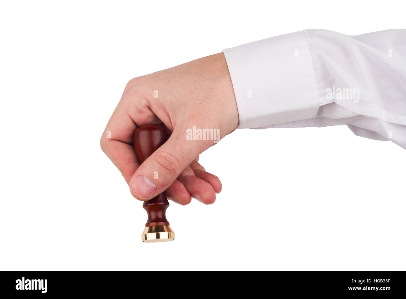 front view of male hand with white shirt holding and using a personal ...