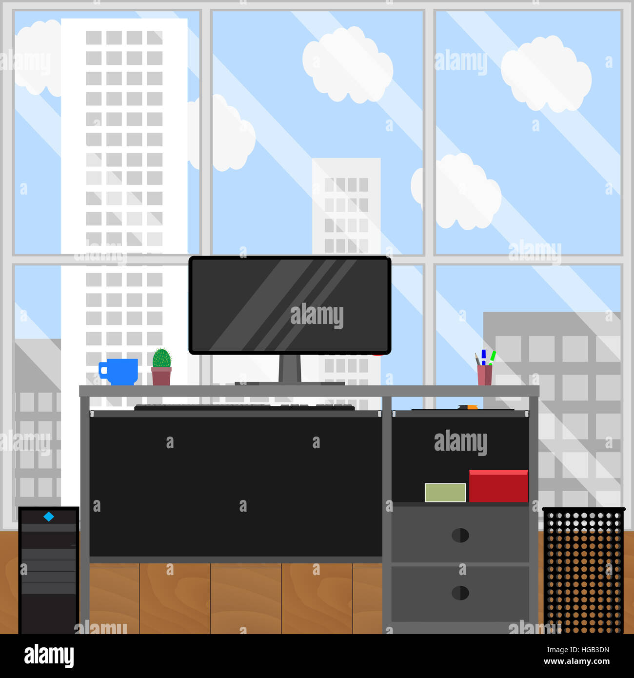 Computer station and urban landscape from window. Office workplace ...