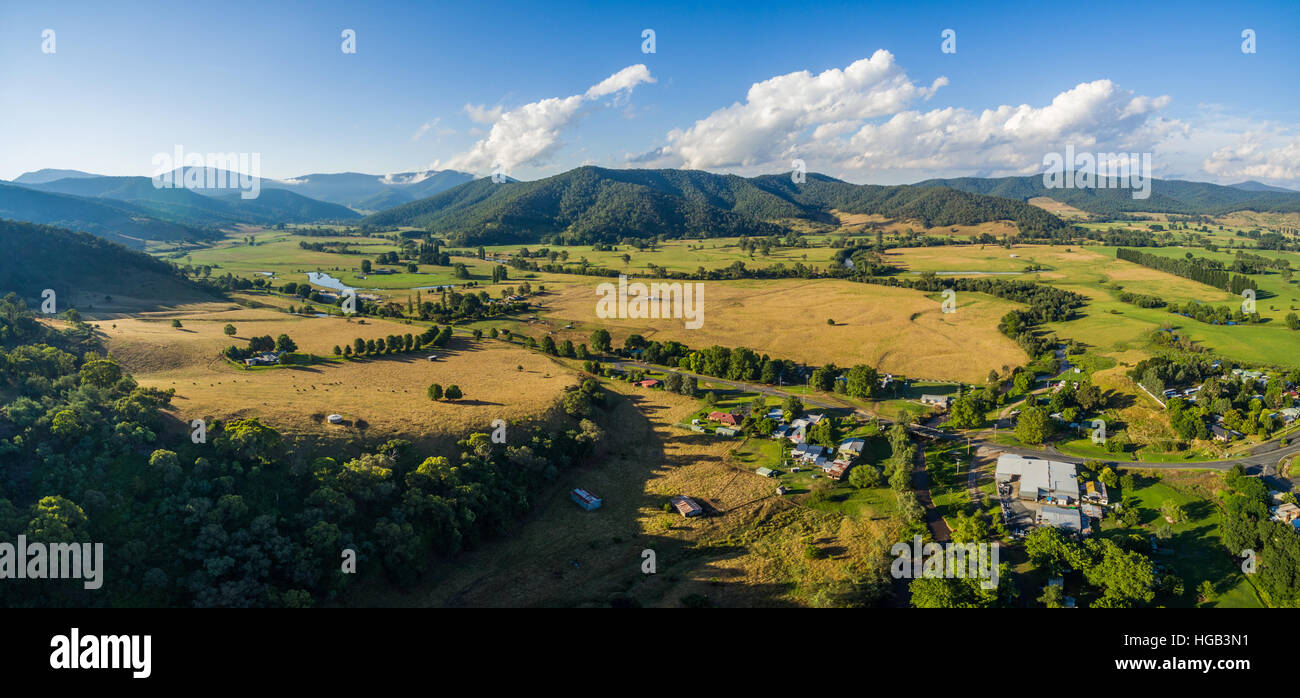 Aerial landscape of Australian countryside at sunset. Mitta Mitta ...