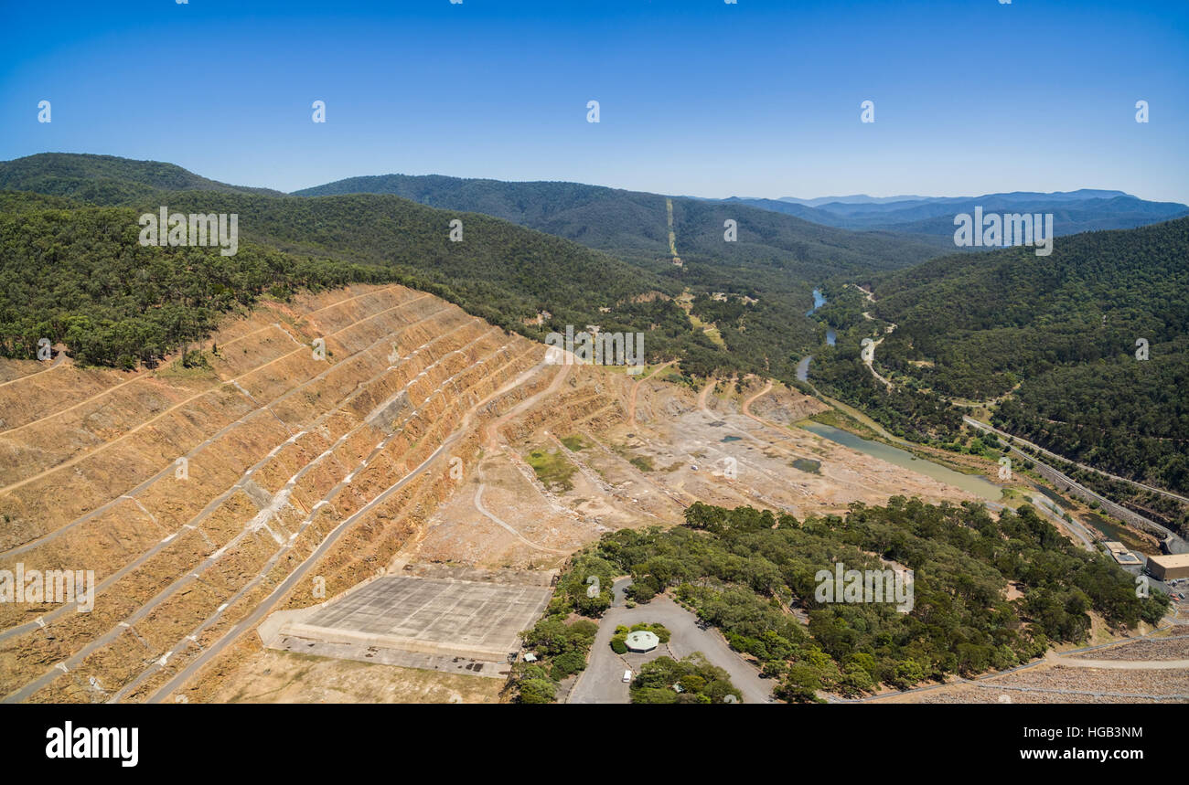 Aerial panorama of Dartmouth dam - the highest dam in Australia on hot ...