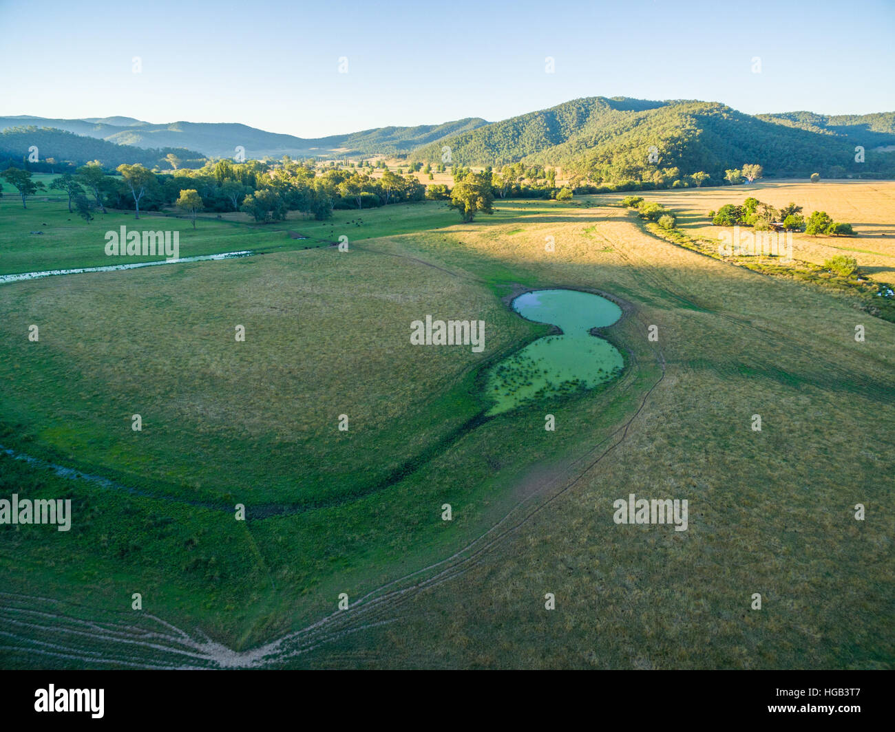 Aerial view of Australian pastures at sunset. Mitta Mitta valley ...