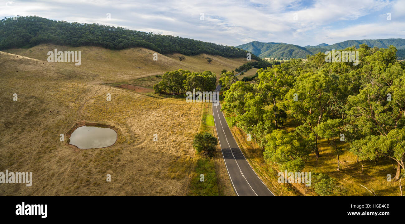 Aerial panorama of Omeo Highway and Mitta Mitta Valley, Victoria ...