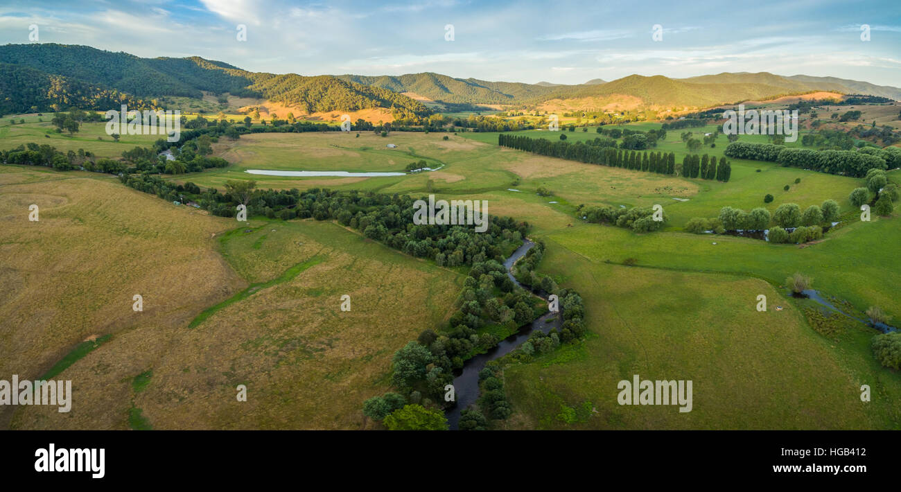 Aerial panorama of meadows and pastures of Mitta Mitta Valley near ...