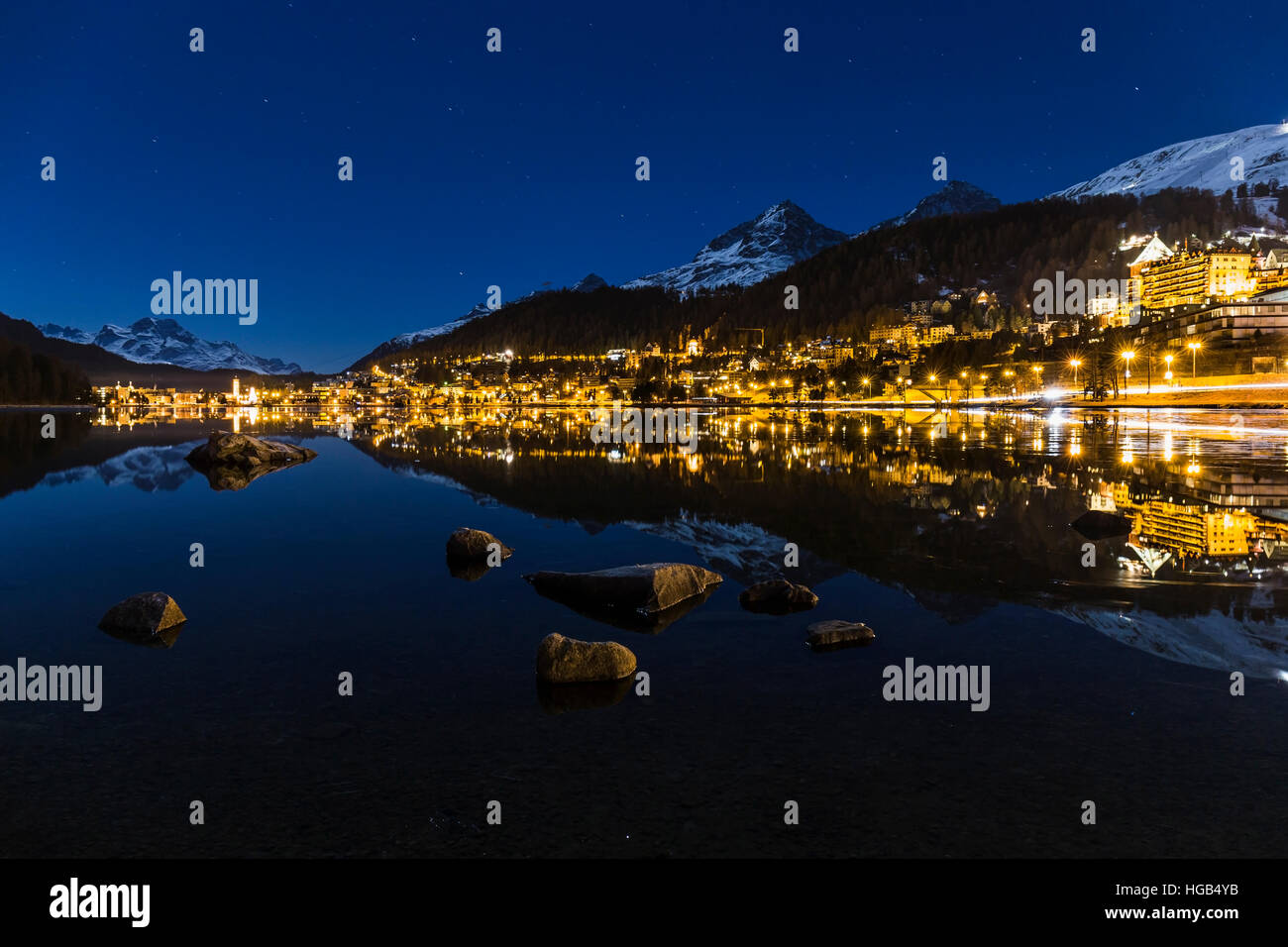 Night landscape of St Moritz reflected in the lake in Switzerland Stock ...