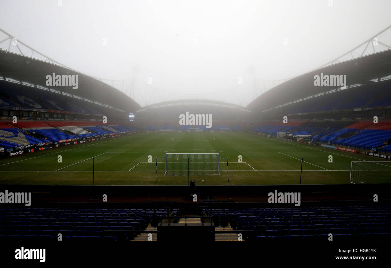 A general view of the Macron Stadium shrouded in fog prior to the ...