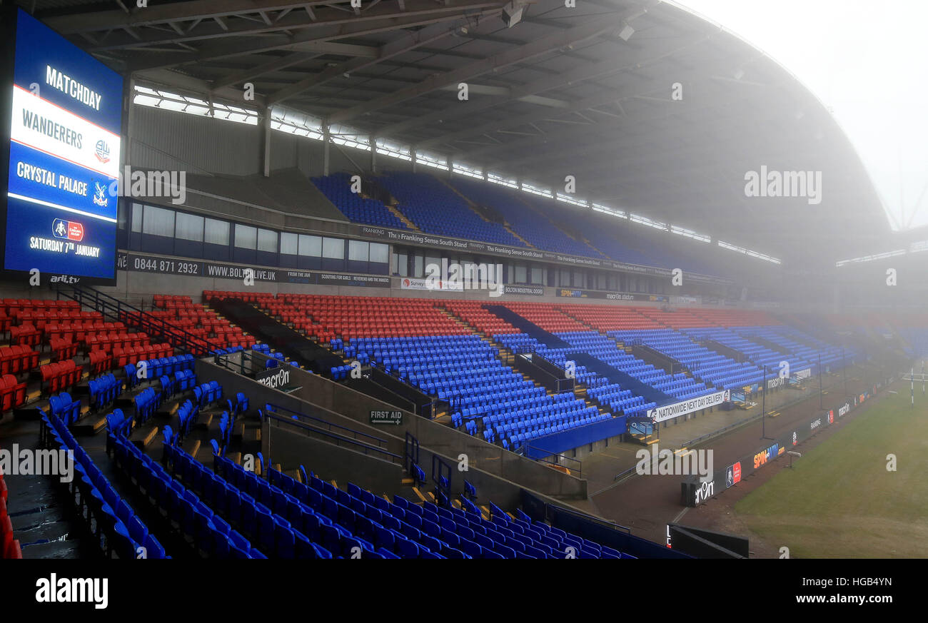 A general view of the Macron Stadium shrouded in fog prior to the ...