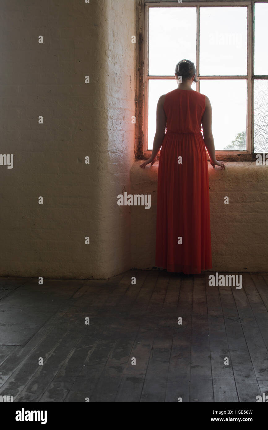 Rear view of a woman standing by the window Stock Photo - Alamy