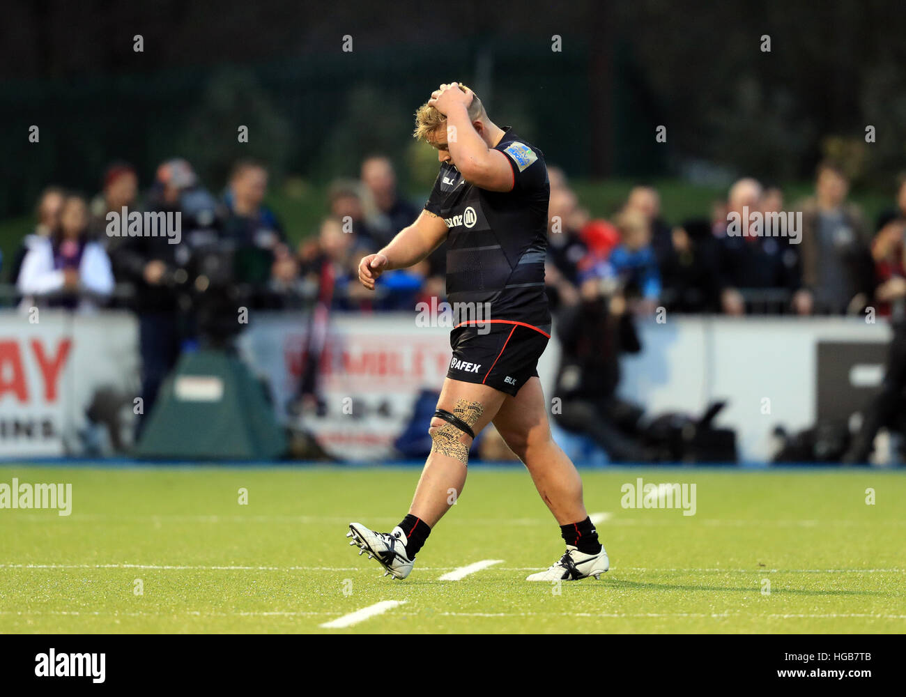 Saracens' Richard Barrington is sent off for a dangerous tackle during ...