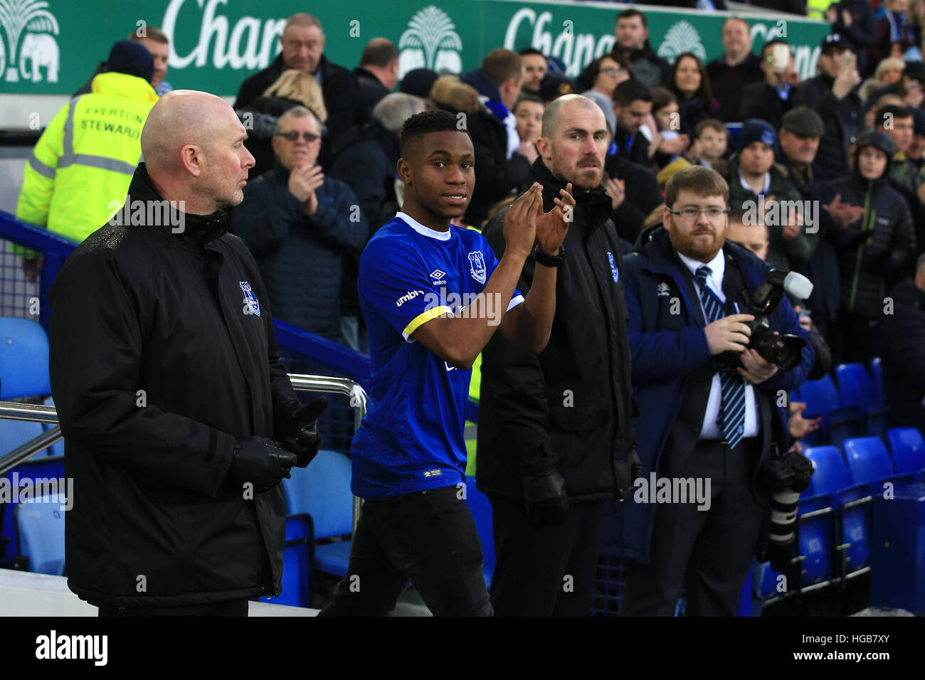 New Everton signing Ademola Lookman is introduced to the crowd before ...