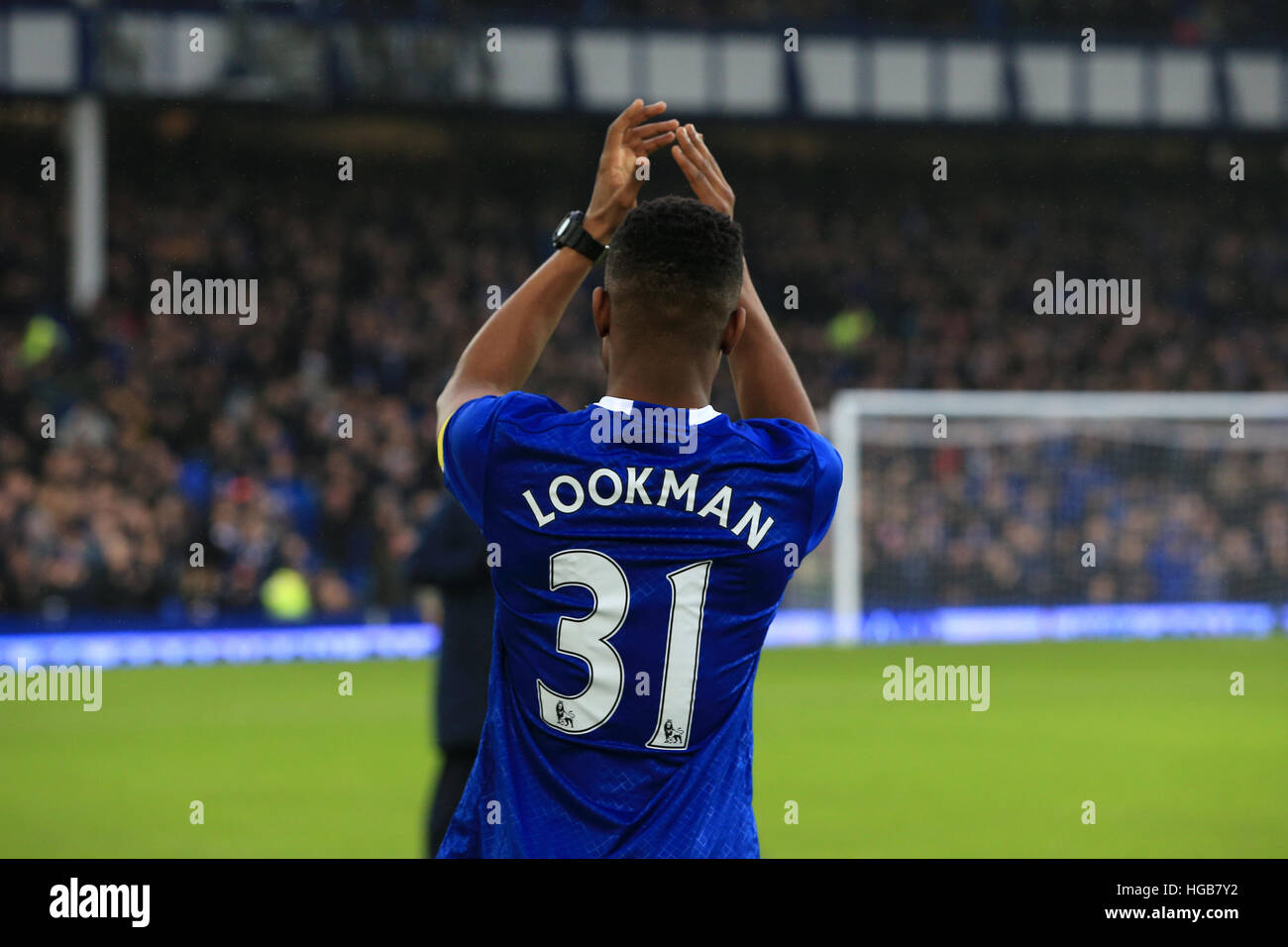 New Everton signing Ademola Lookman is introduced to the crowd before ...