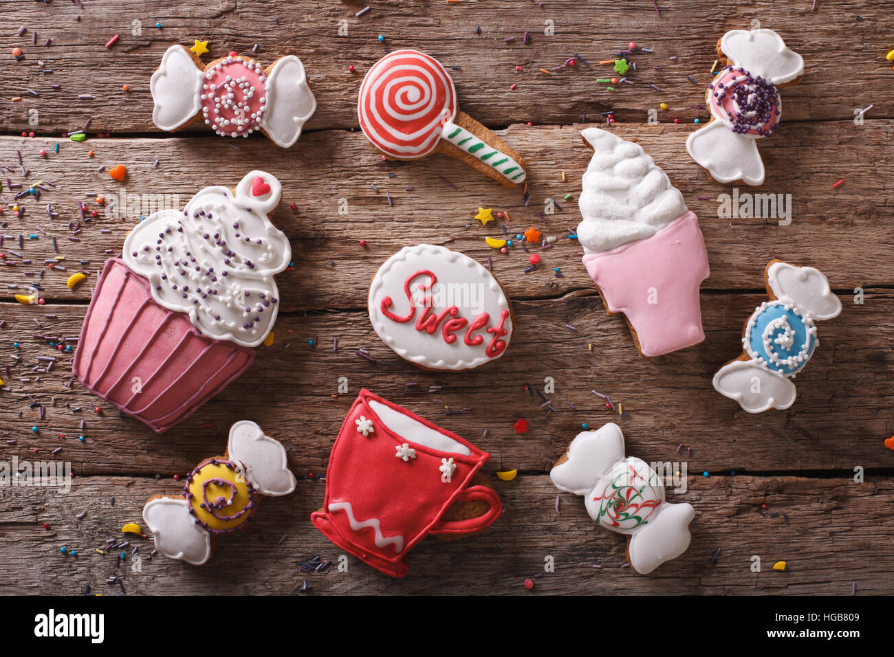 gingerbread sweets close-up on the table. Horizontal top view ...