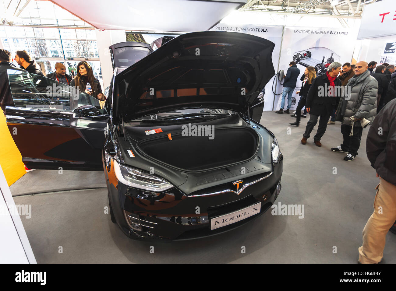Italy, Bologna motor show 2016, Tesla Model X booth car exhibition ...