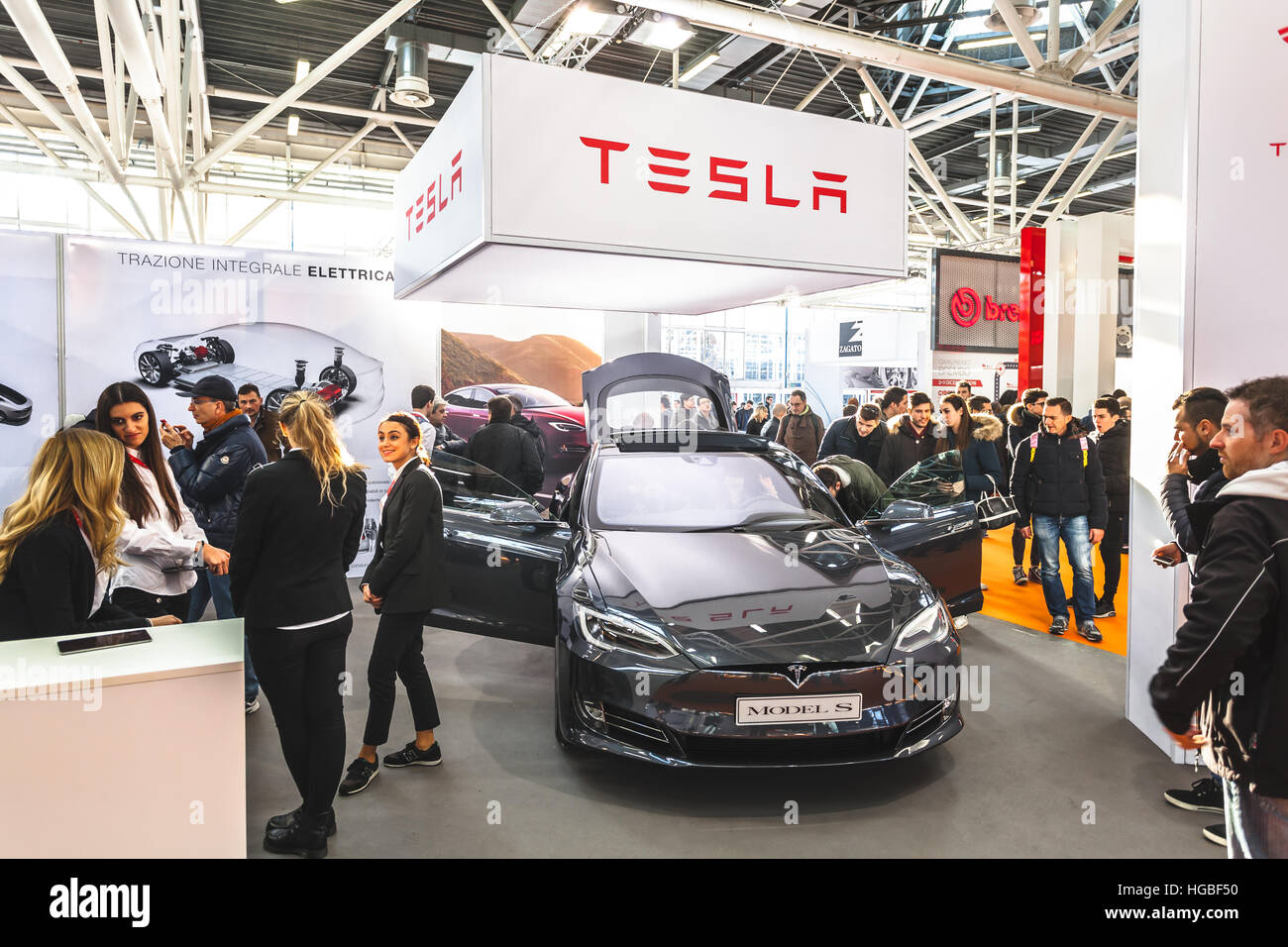 Italy, Bologna motor show 2016, Tesla Model X booth car exhibition ...