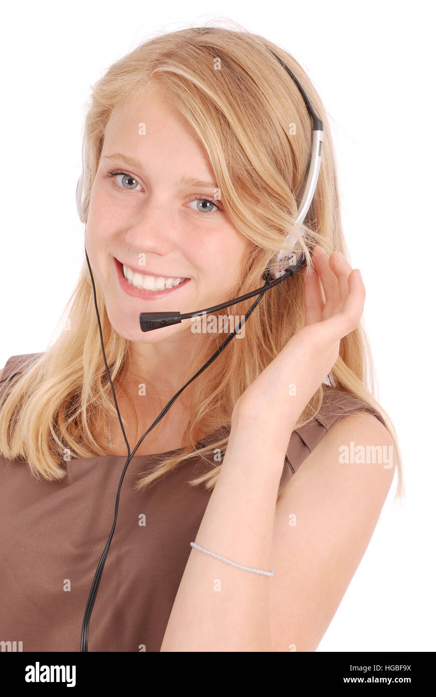 Beautiful customer service operator student girl with headset, isolated ...