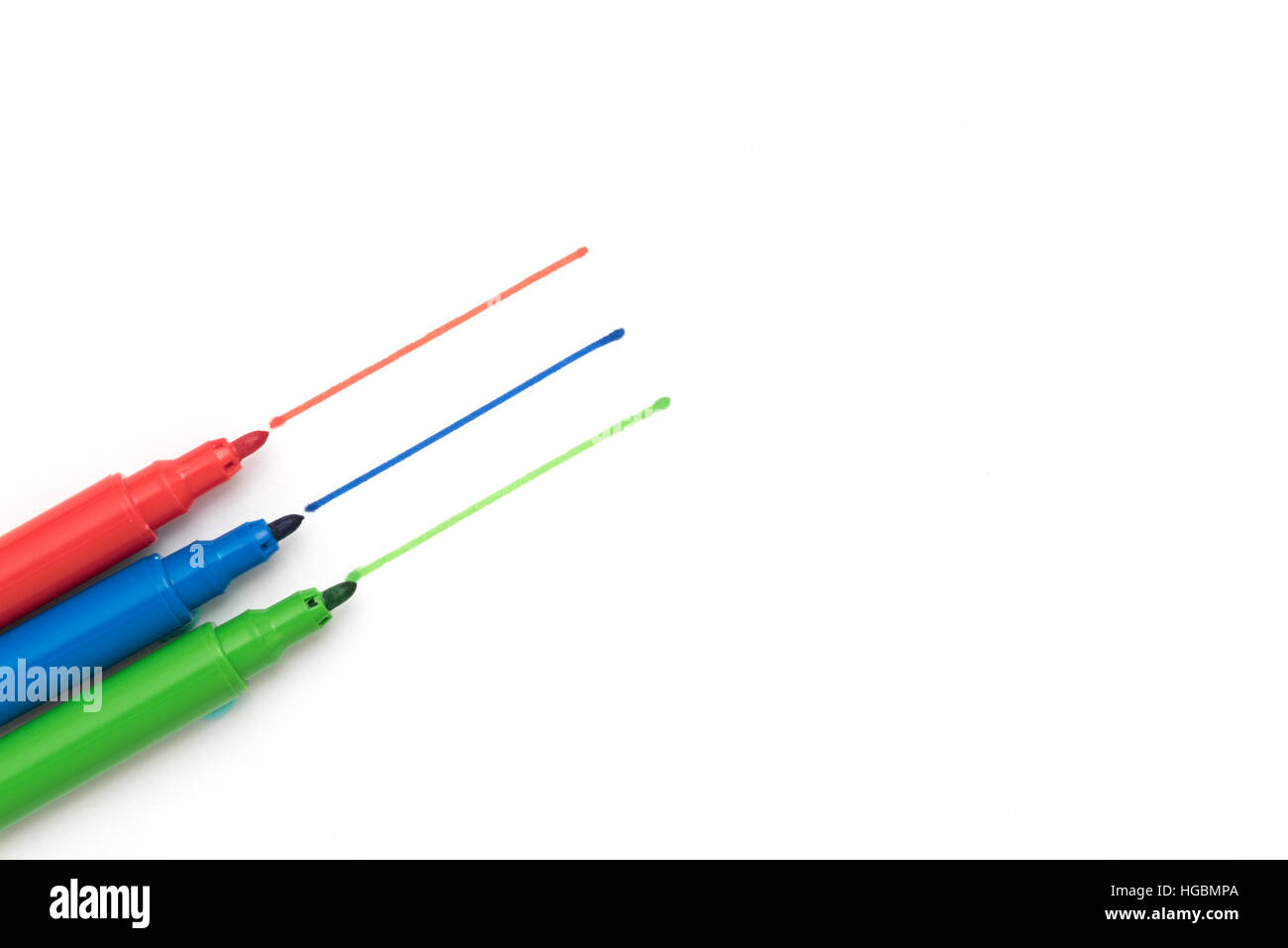 Coloring pens. Red, green and blue - the primary colours - pens on a ...