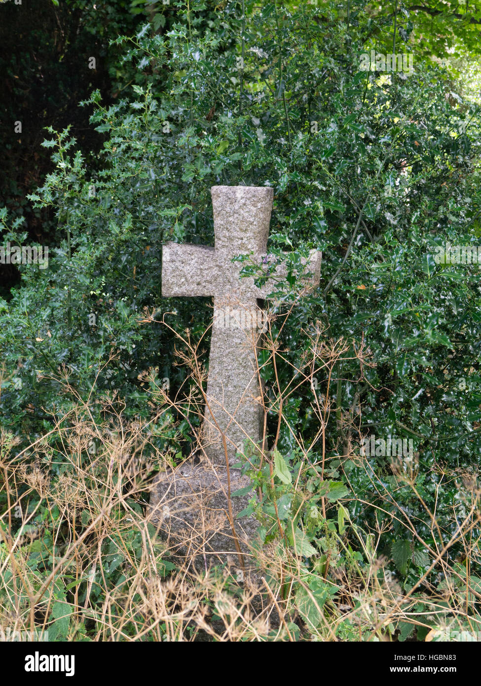 Overgrown gravestone in the shape of a cross in the village of ...