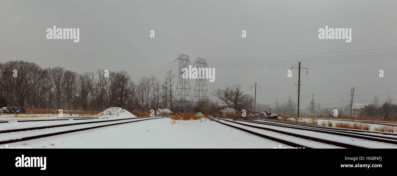 Railway covered with snow.Railroad winter morning.Railroad tracks in ...