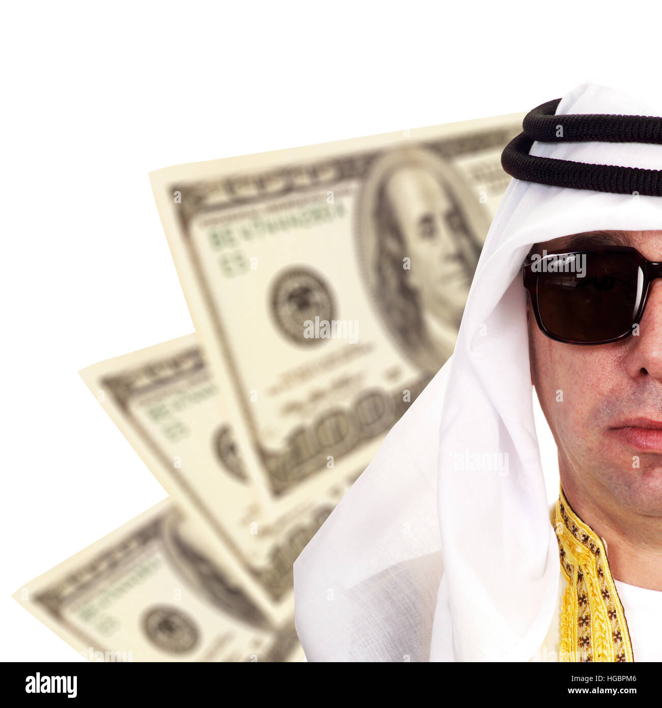 Sheikh with U.S. dollar bill in background, composing shot Stock Photo ...