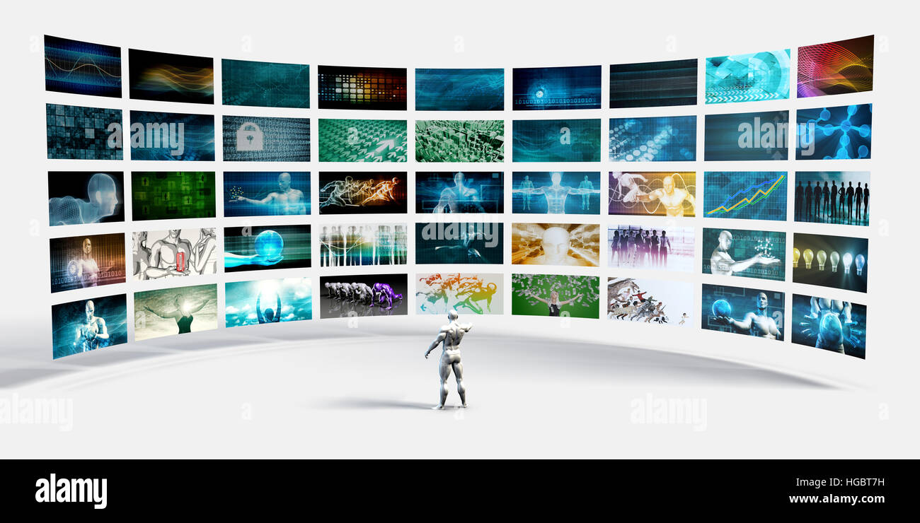 Video Screens Wall with Man Pointing at a Screen Stock Photo - Alamy